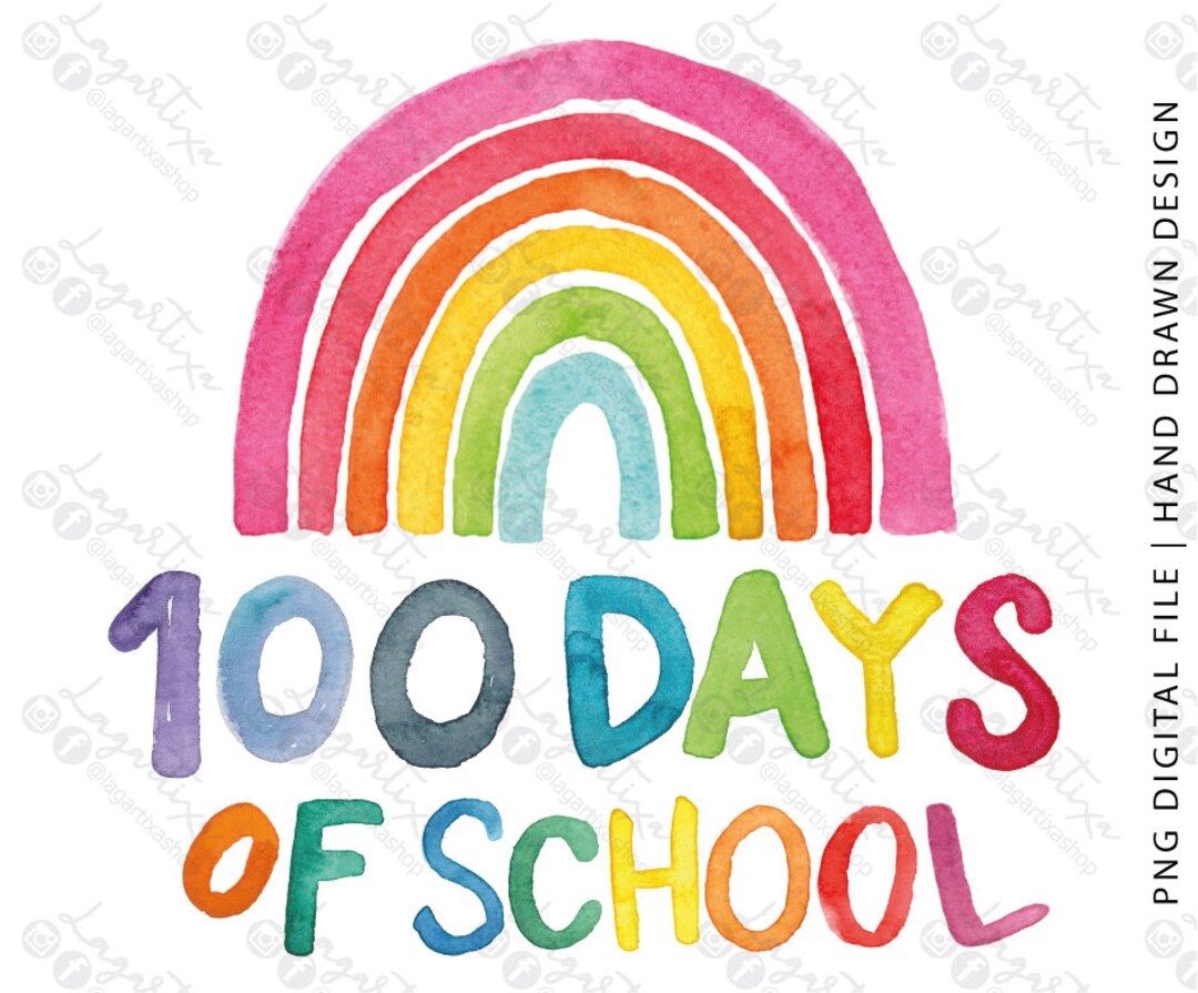 100 Days of School Rainbow Real Watercolor Hand Painted Clipart PNG ...