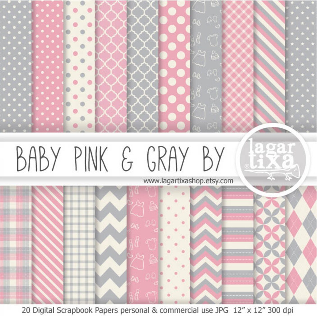 Pale Pink and Grey Gray Digital Paper Scrapbooking for Baby Shower ...