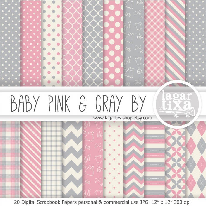 Pale Pink and Grey Gray Digital Paper Scrapbooking for Baby Shower ...