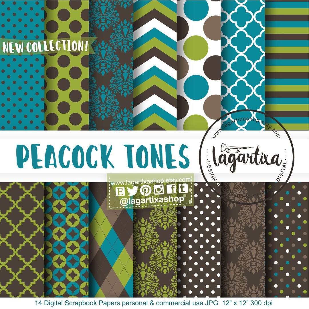 Teal Green Peacock Patterns Digital Paper Chartreuse Blue Brown Beige ...