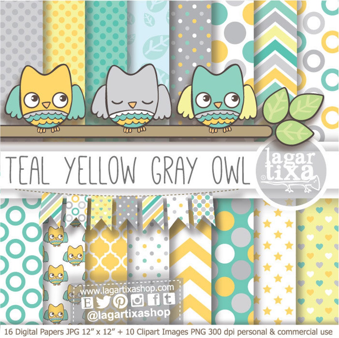 Cute Owls It's a Boy Yellow Green Gray Digital Paper Baby Shower Clip ...