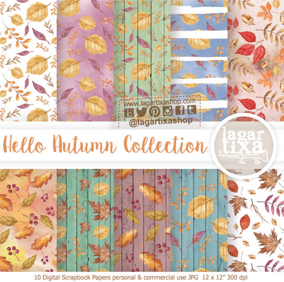 Autumn Fall Watercolor Leaves, Hand Painted Digital Papers, Rustic Wood ...