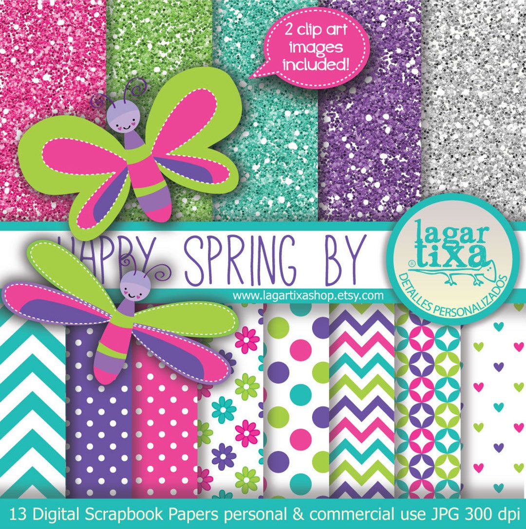 Spring Glitter Digital Paper Butterflies Dragonflies Clip Art Lemon ...