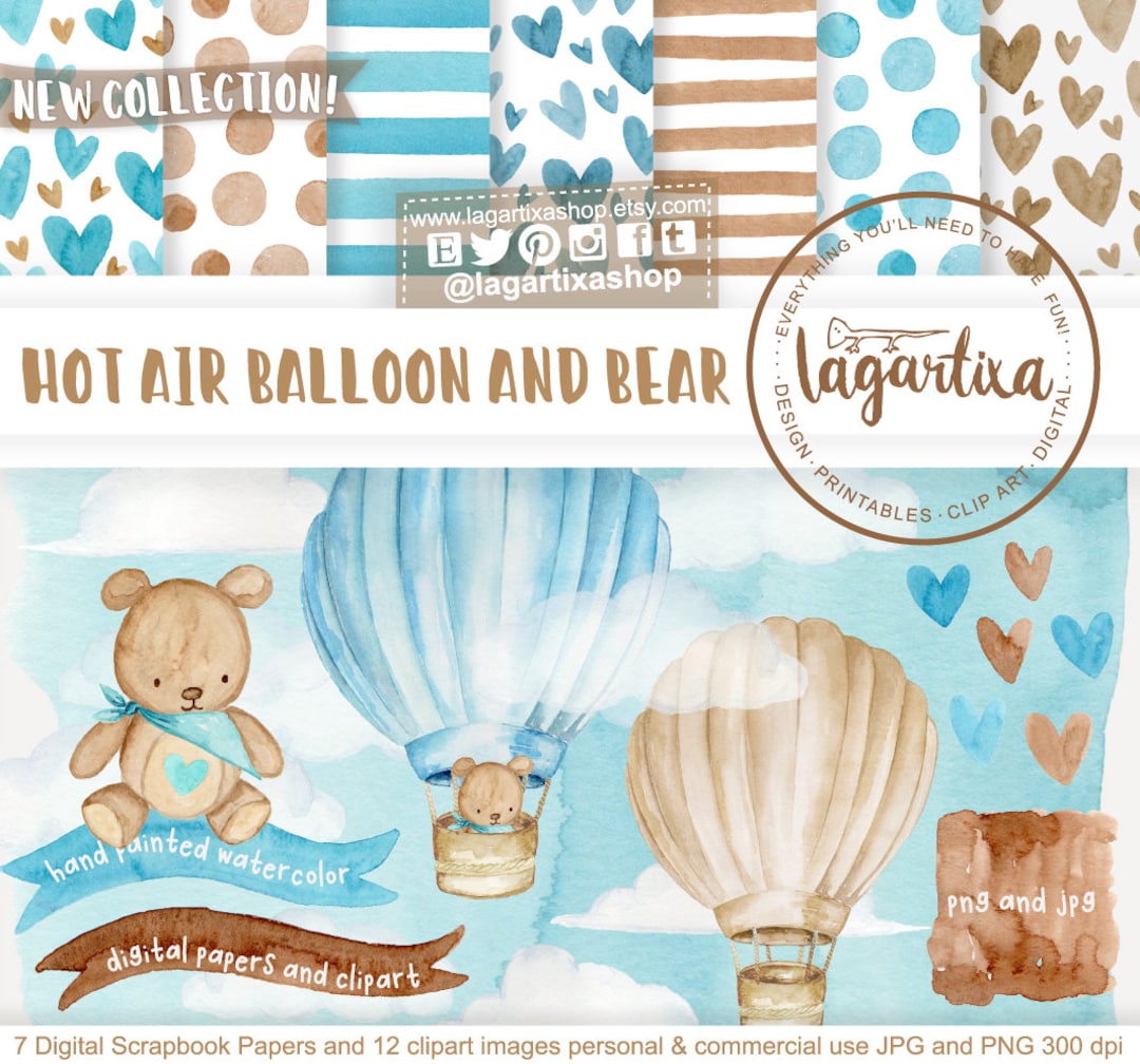 Teddy Bear Hot Air Balloon Watercolor PNG Clipart, for Boy, Brown Blue ...