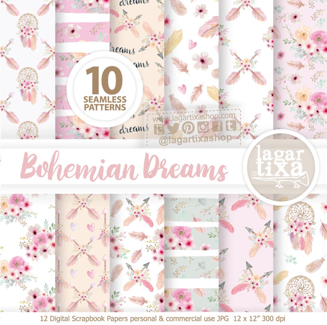 Watercolor Floral Boho Digital Paper, Boho Patterns, Pink, Beige ...