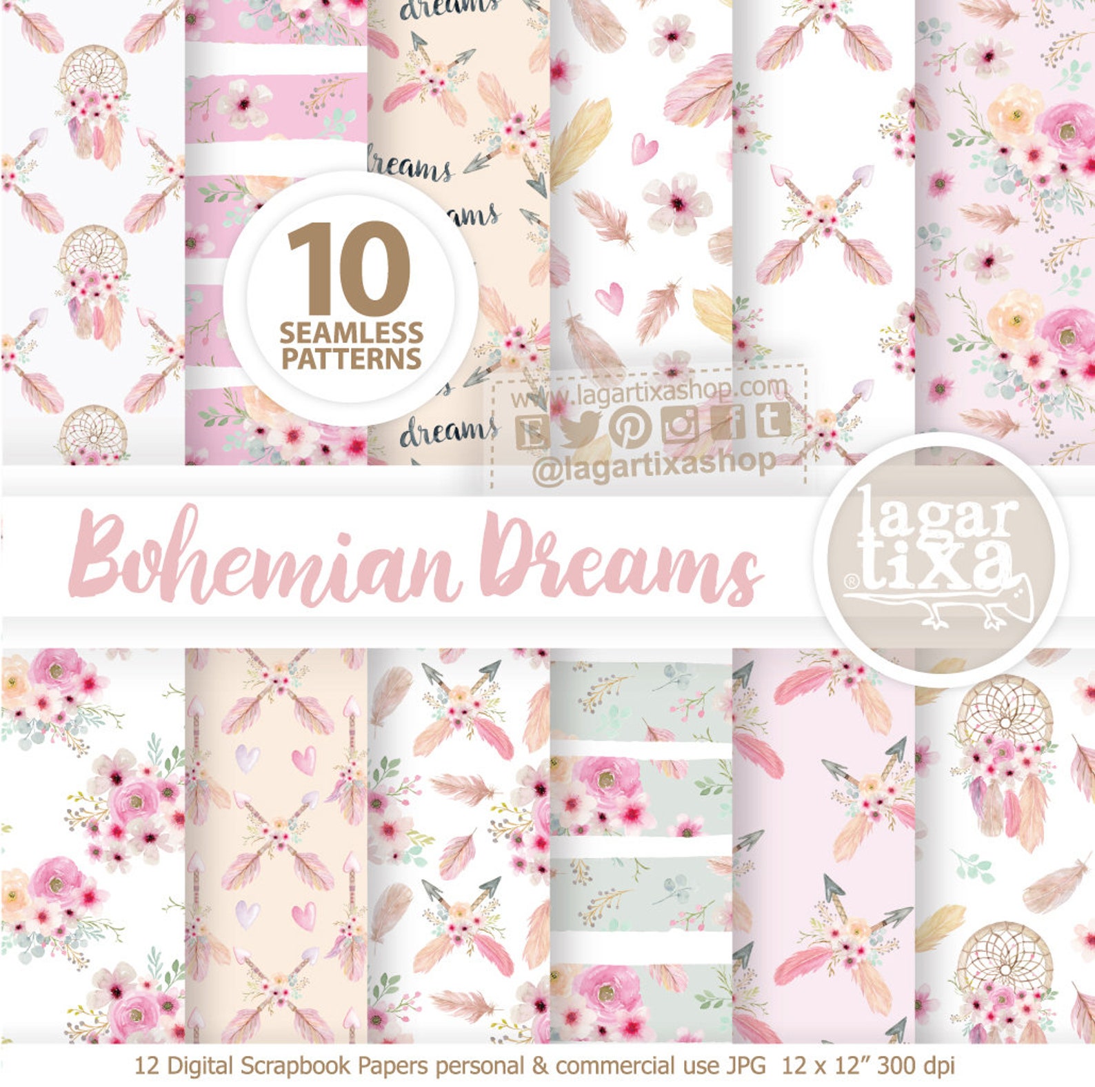 Watercolor Floral Boho Digital Paper, Boho Patterns, Pink, Beige ...