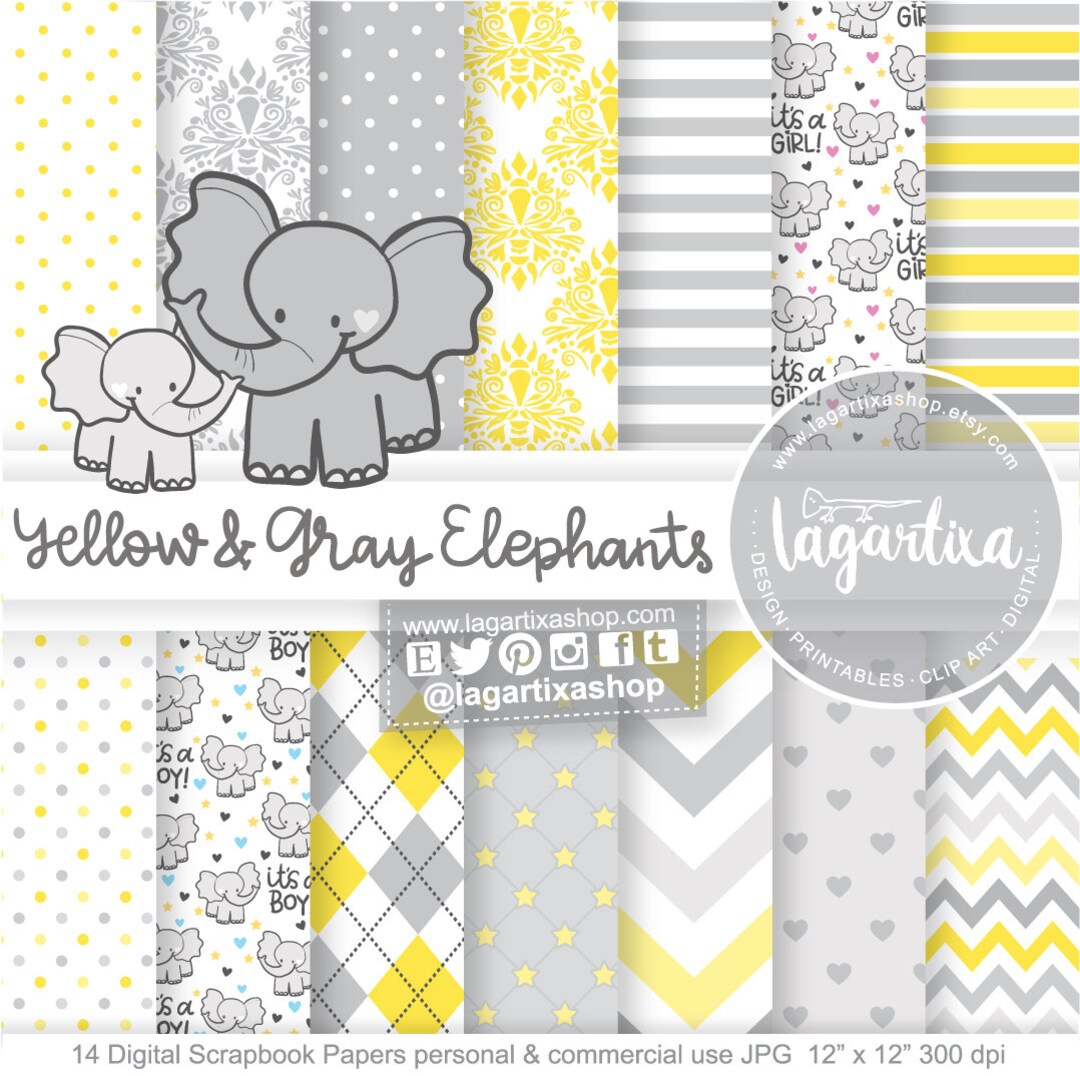 Yellow and Gray Grey Damask Digital Paper Patterns for Invitations ...