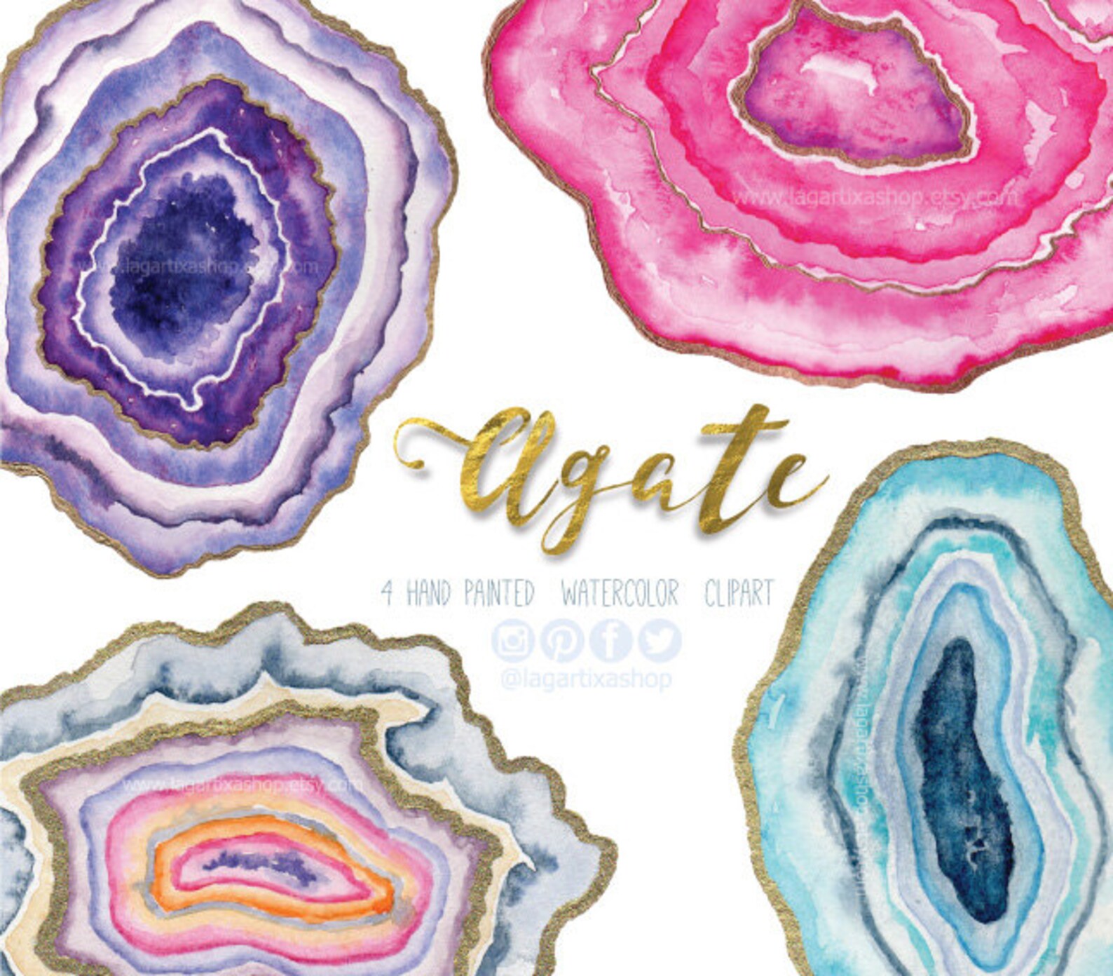Watercolor Clipart Blue Pink Gold Agate Png Stones Hand | Etsy