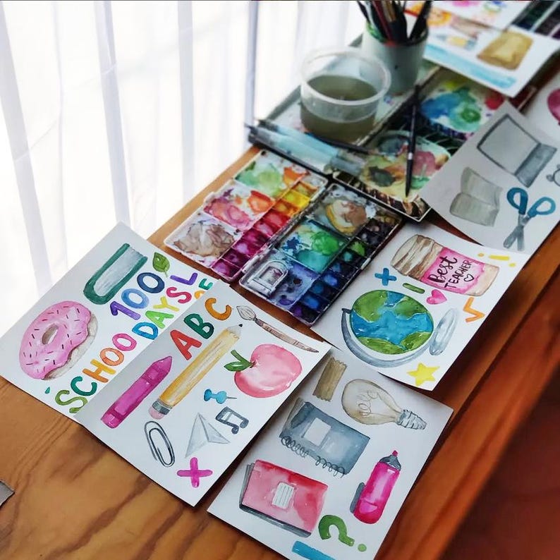 100 Days of School Teacher Back to School Real Watercolor Hand Painted ...