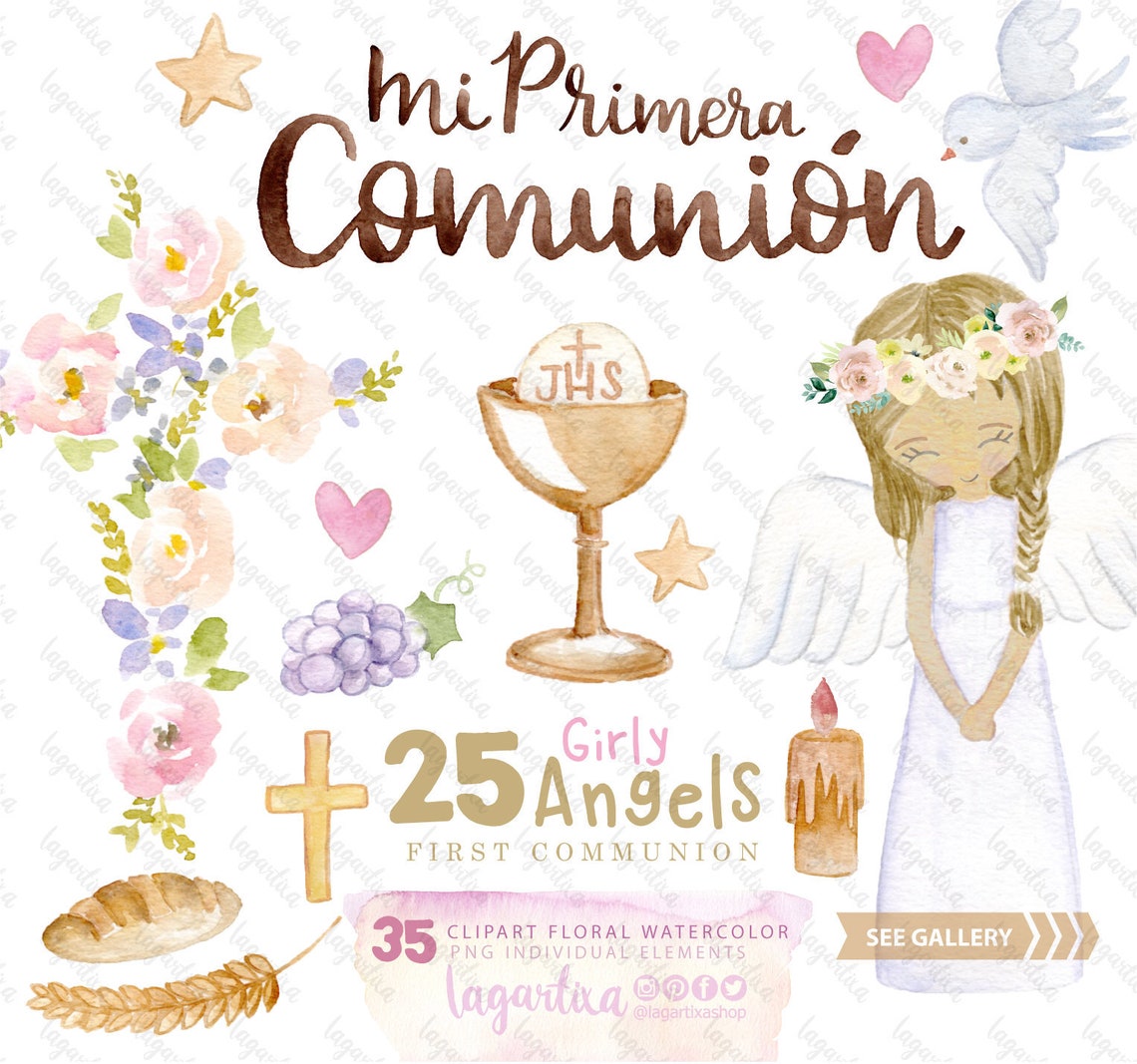 Watercolor Floral Girl Angel First Communion Hand Painted - Etsy