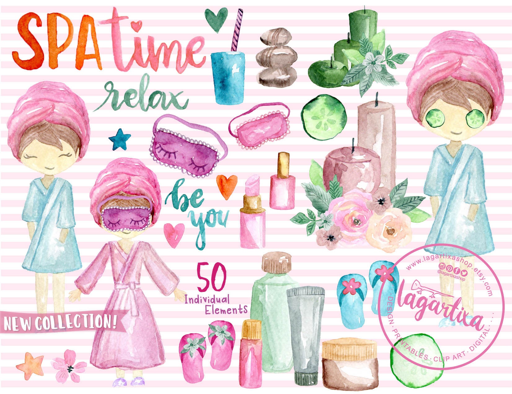 SPA Watercolor Girls Party Clipart Face Mask Graphics. - Etsy