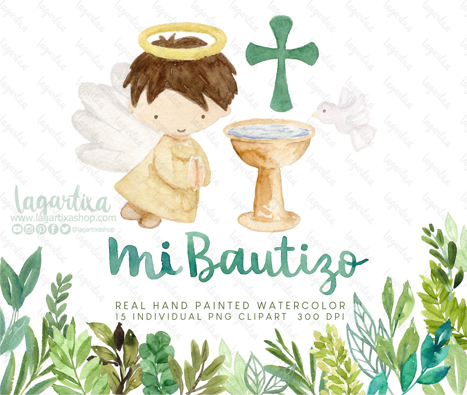 Mi Bautizo Angelito Acuarela Hojas Verdes Corona de hojas - Etsy México