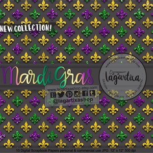 Mardi Gras Glitter Digital Paper Carnival Time | Glitter Purple, Green ...