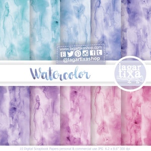 Digital Paper Watercolor Pattern Rainbow Pink Purple Blue Celest Acqua ...
