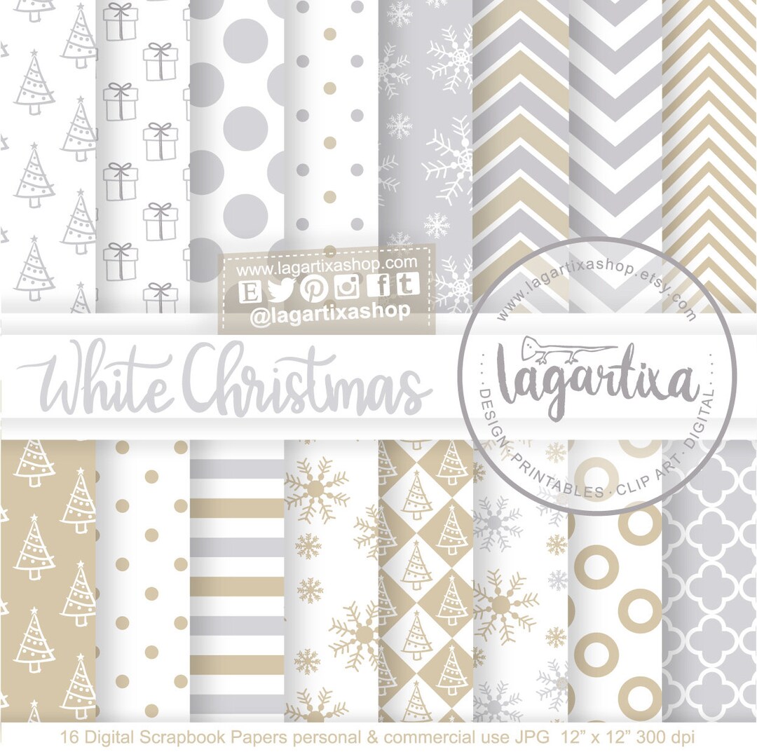 White Christmas Digital Paper Patterns Christmas Tree Snow Flurry White ...