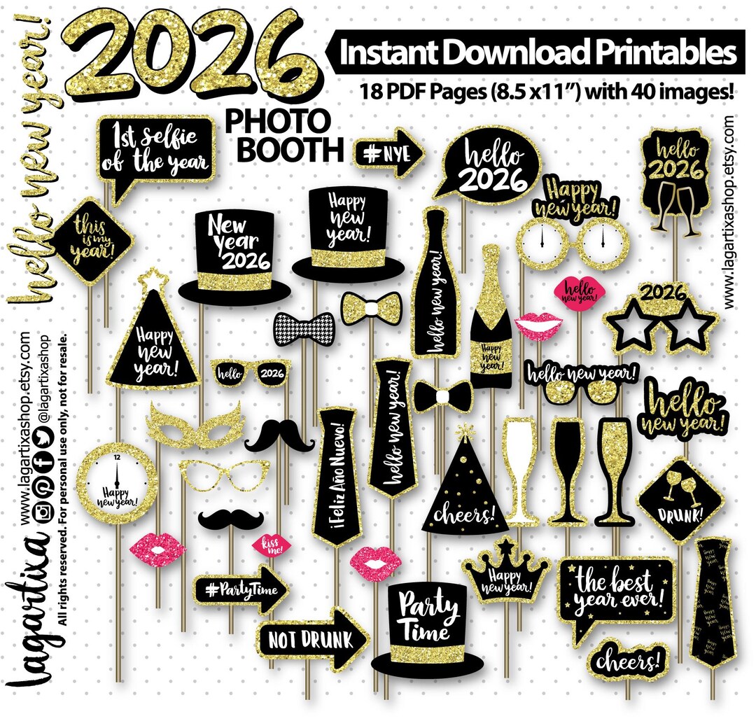 Photo Booth 2026 Props Printables Gold Glitter Black New Year's Eve ...