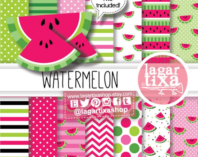 Digital Paper Watermelon Party Hot Pink Fuchsia Black Green - Etsy