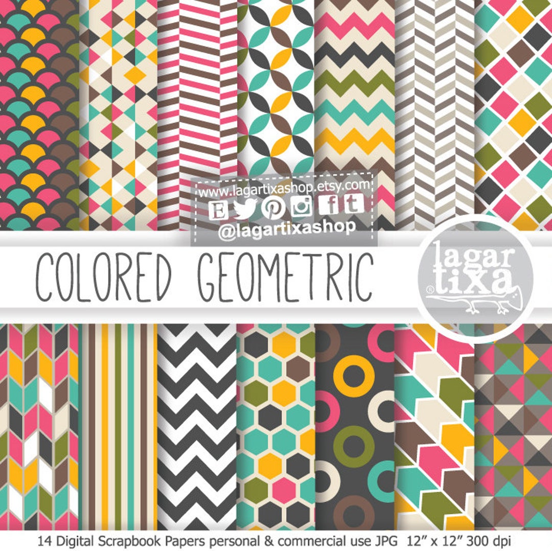 Geometric Digital Paper Cherry Red Teal Blue Acqua Brown Beige ...