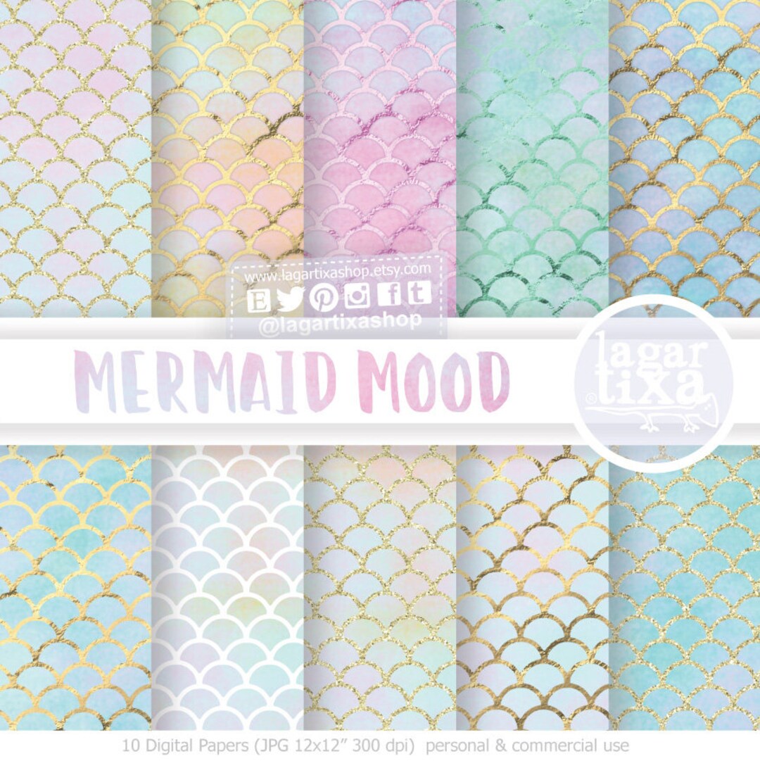 Pastel Digital Paper Mermaids Scales Patterns Mint Purple Pink Gold ...