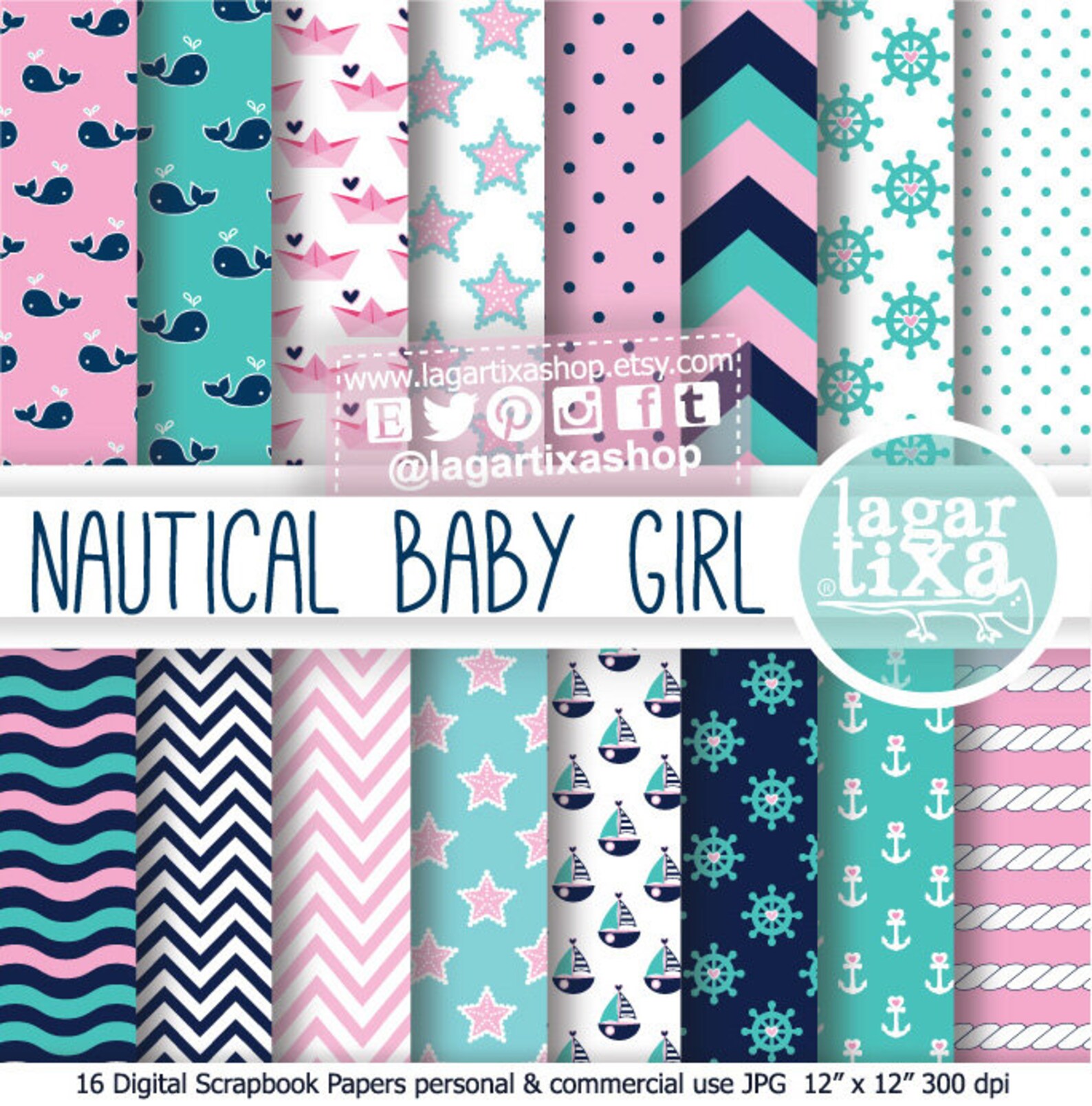 Turquoise Pink Digital Paper Navy Nautical Pale Marine Girly | Etsy