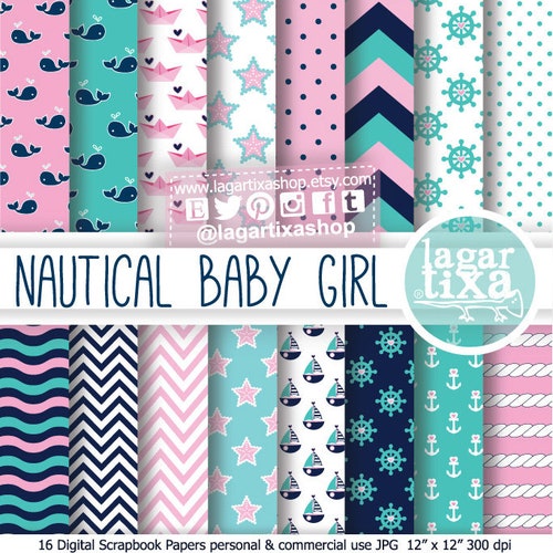 Pink Nautical Digital Paper Navy Teal Marine Turquoise Girly - Etsy