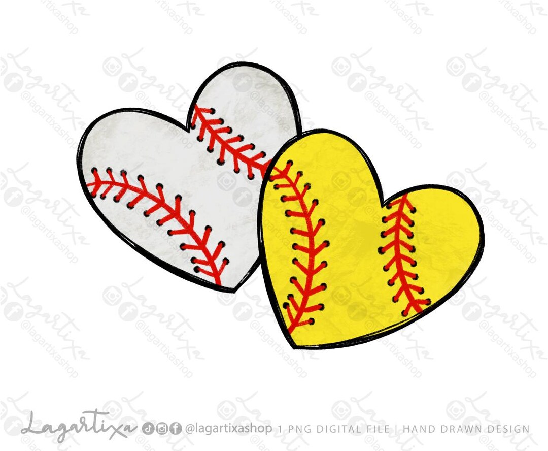 Baseball Softball Hearts Hand Drawn Digital PNG Image of Two Hearts ...