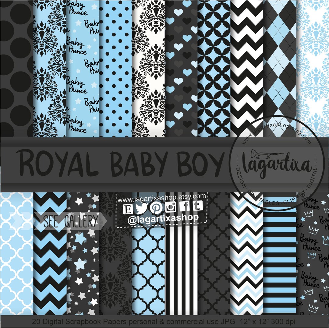 Patterns Baby Blue and Black Digital Paper, Prince Crown, Frames, Clip ...