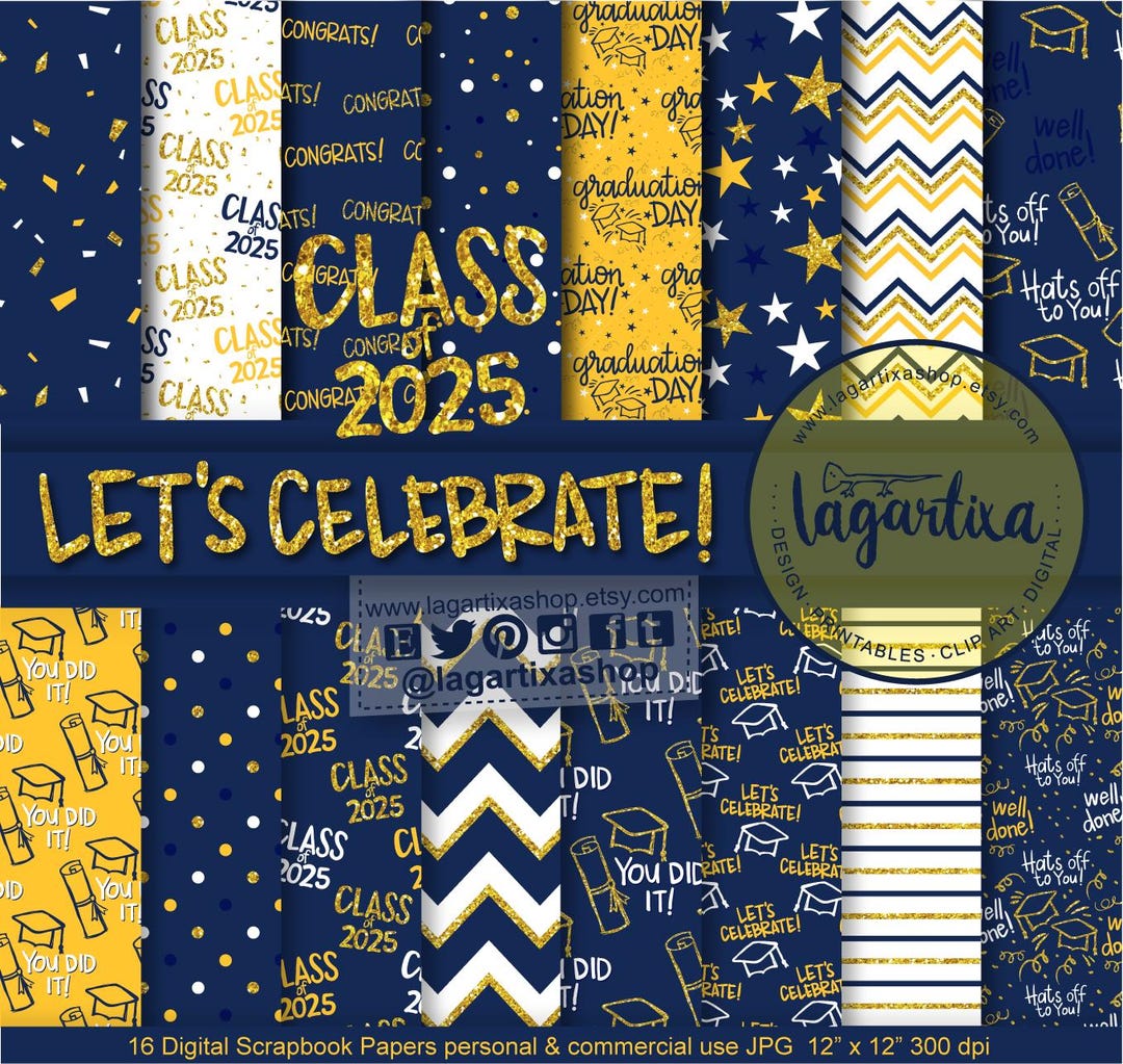Graduation Patterns Class of 2025 Digital Paper Navy Yellow Gold ...