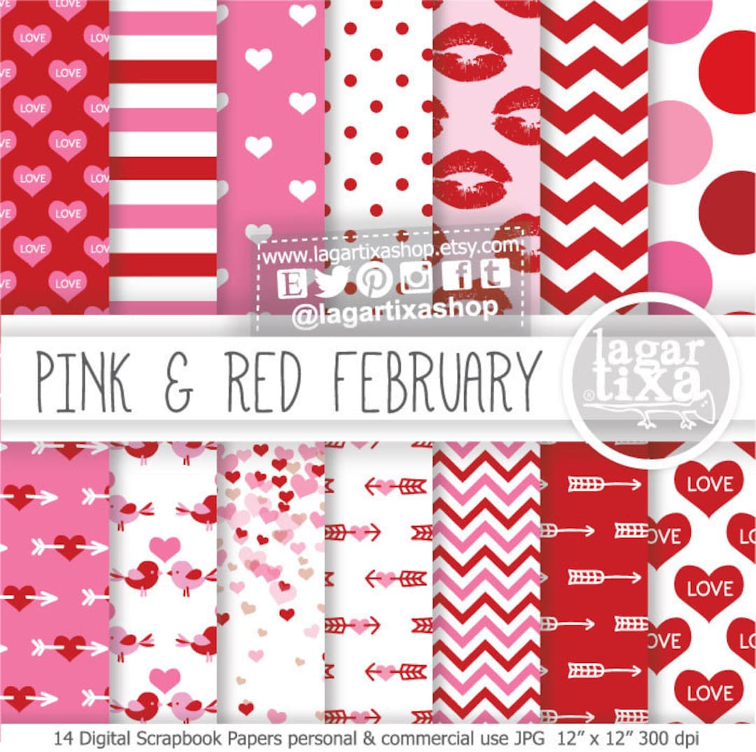 Valentine's Day Digital Paper Love Background Hearts Hot Pink Red ...
