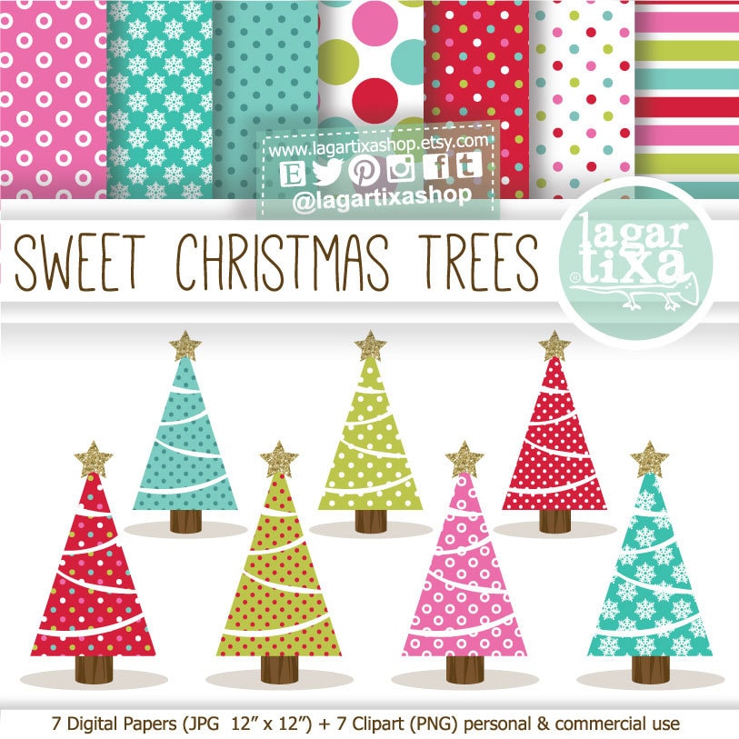 Christmas Patterns Trees Clip Art Digital Papers Red Pink Turquoise ...