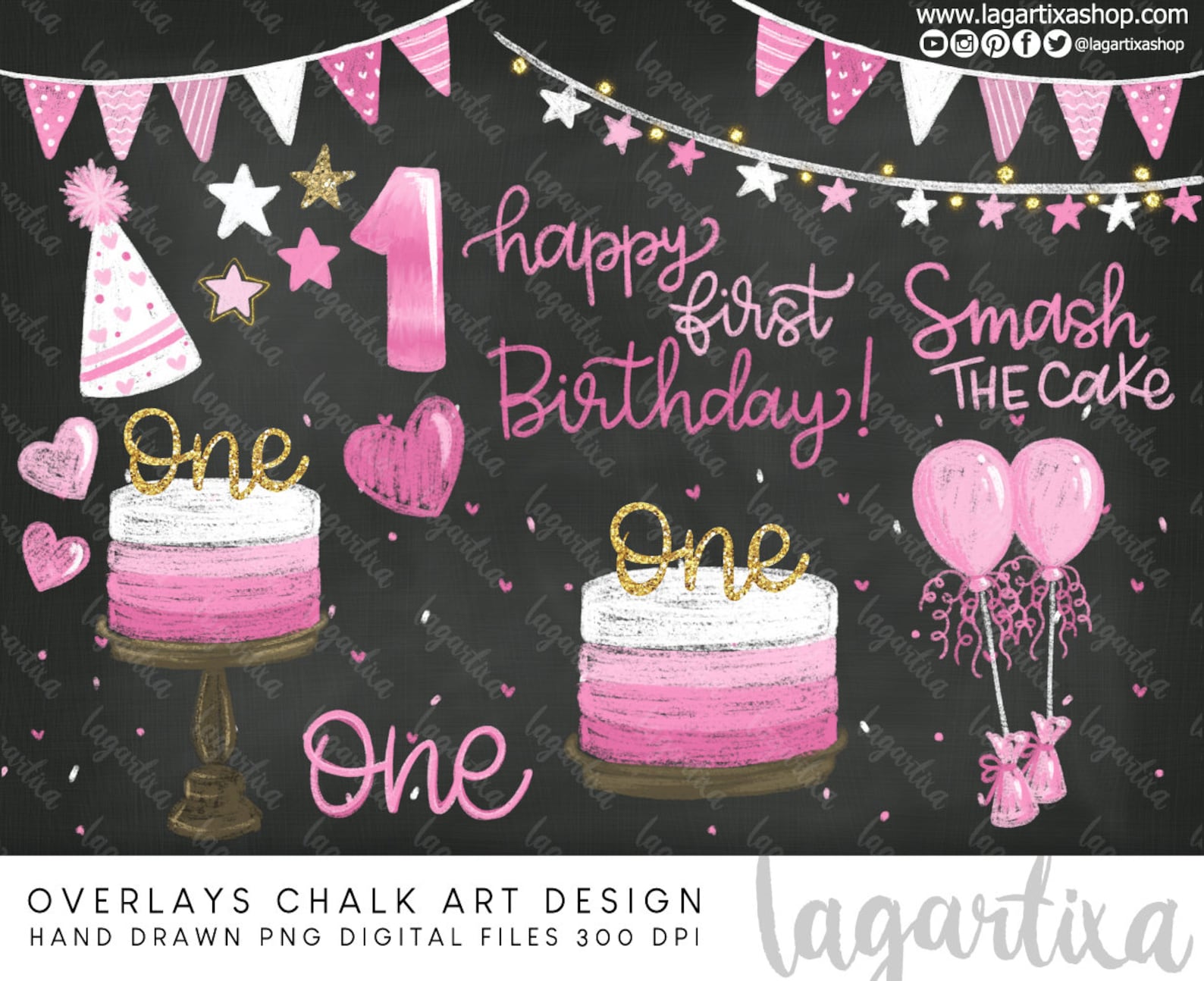 Girly Smash the Cake Pink Overlays Chalk Art Birthday Sidewalk Party ...