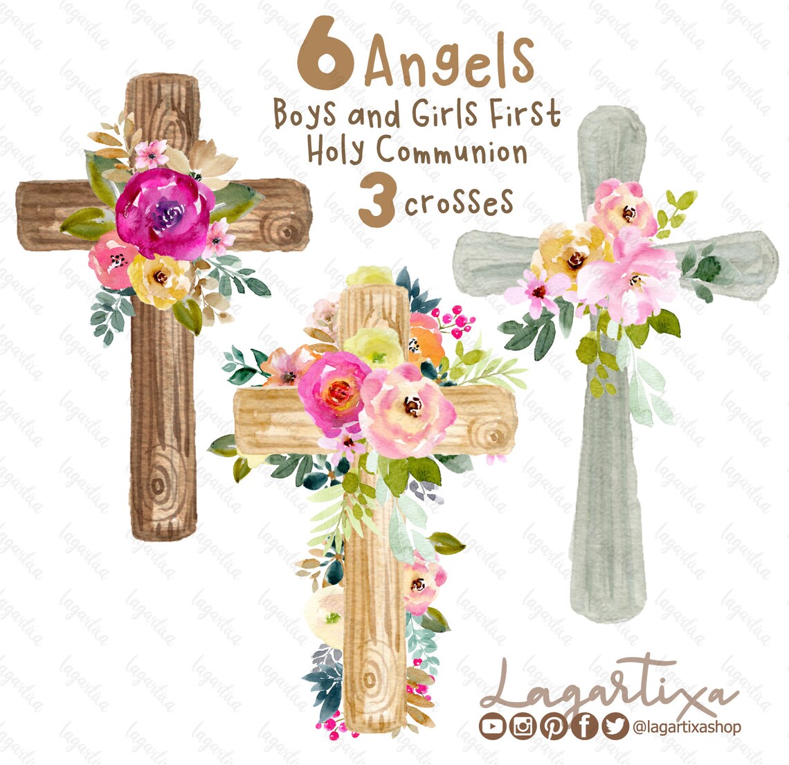 First Communion Watercolor Floral Girl Angel Hand Painted - Etsy