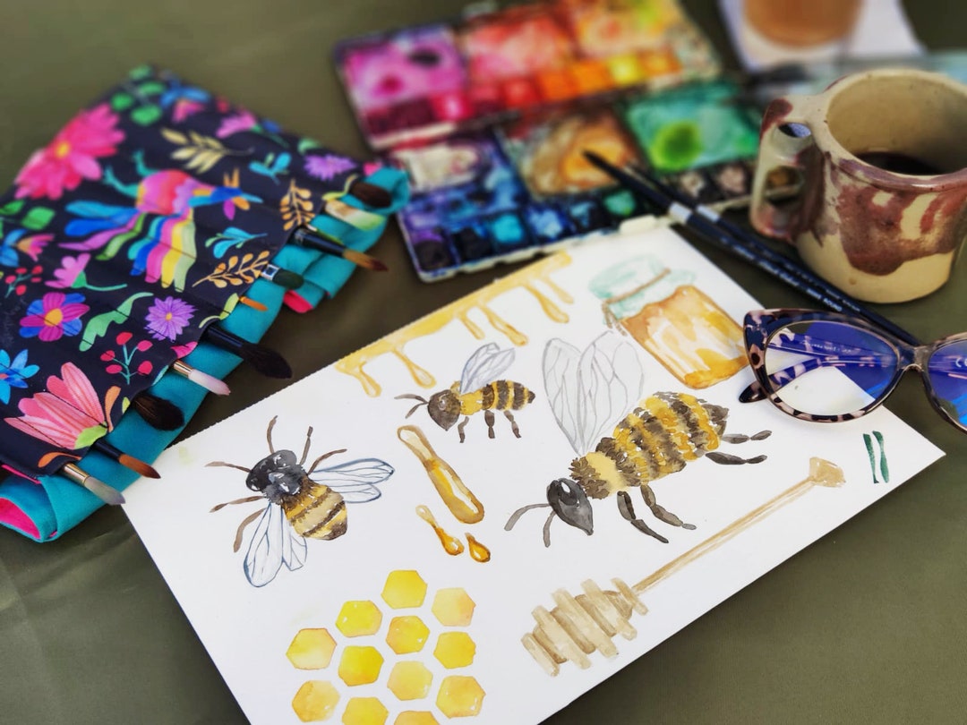 Bees Watercolor Honey Florals Yellow Whimsical Clipart, PNG, Cardmaking ...