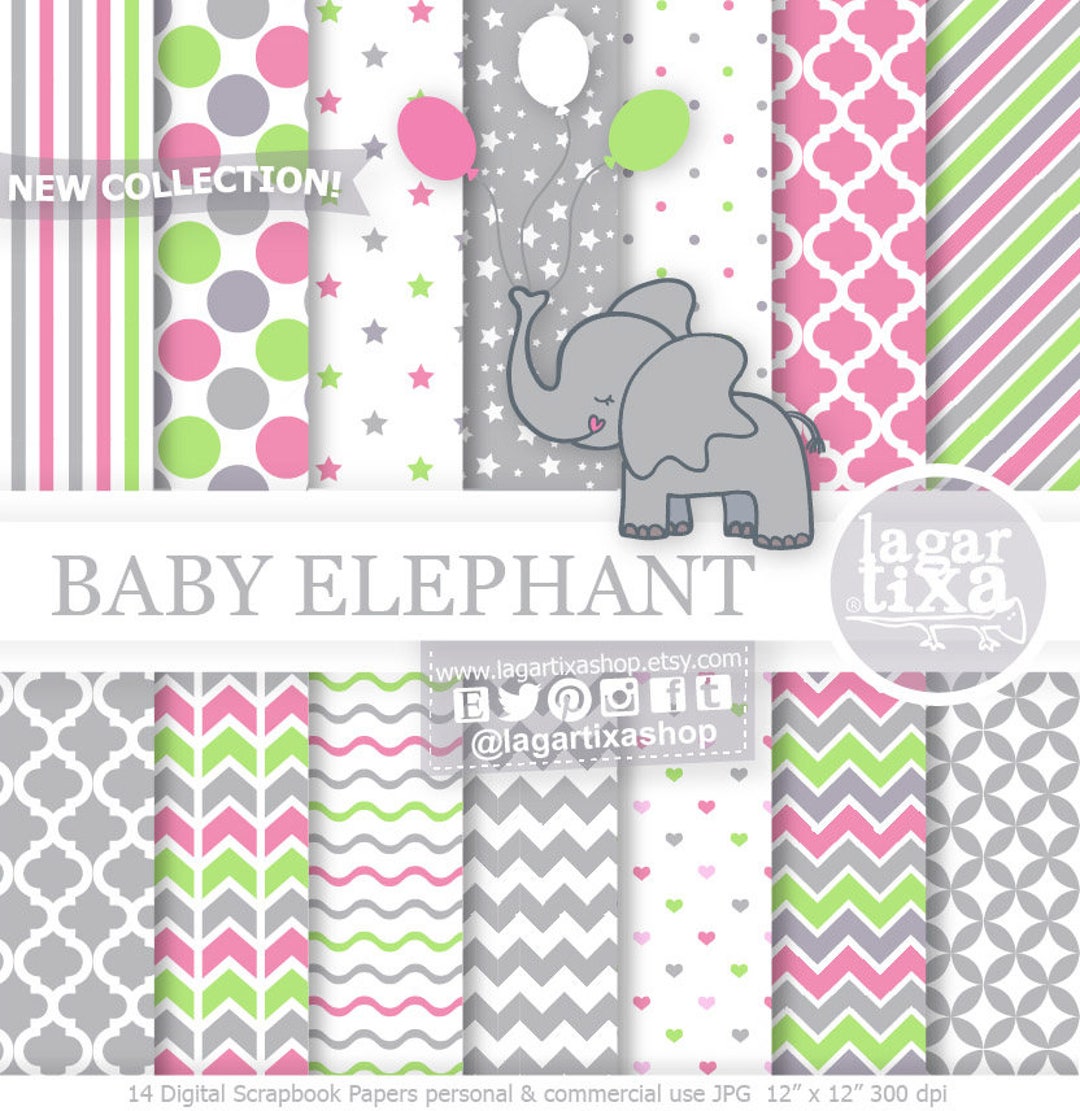 Gray Pink Lime Green Digital Paper Background Patterns Elephant Chevron ...