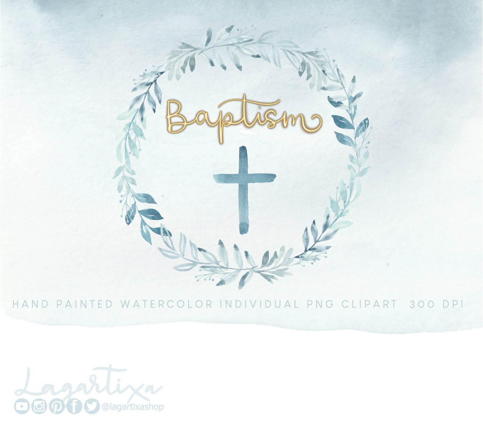 Blue Baptism Leaves Gold Lettering Leaves Wreath Watercolor Cross Hand ...