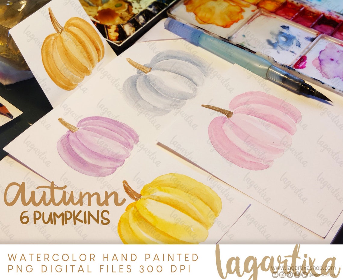 Pumpkins Watercolor Colored Clipart PNG Pastel Colors and - Etsy