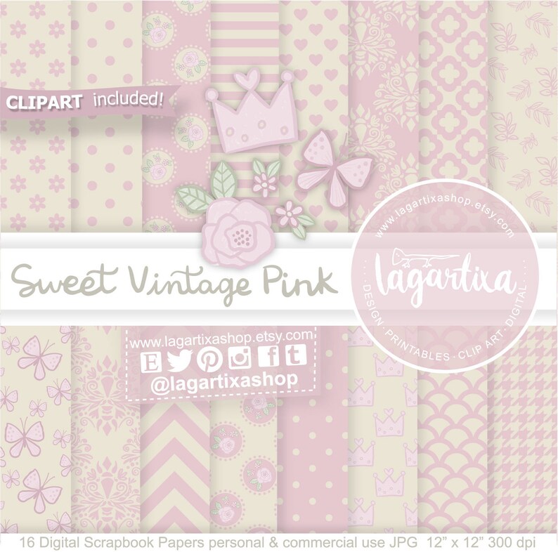 Vintage Pink Patterns Digital Paper Sweet Pink Beige Old for | Etsy