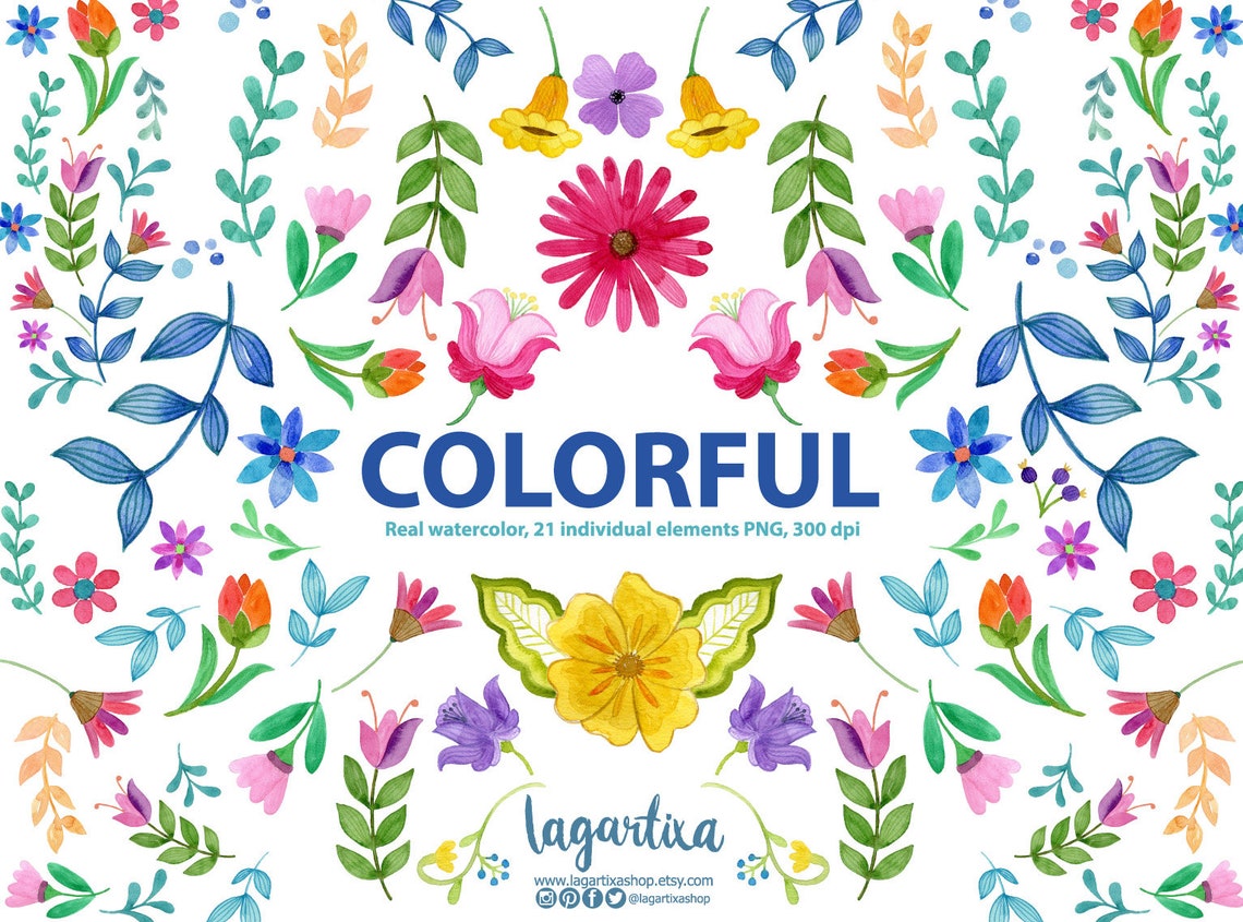 Colorful Watercolor Flowers Clipart PNG Mexico Art Individual - Etsy