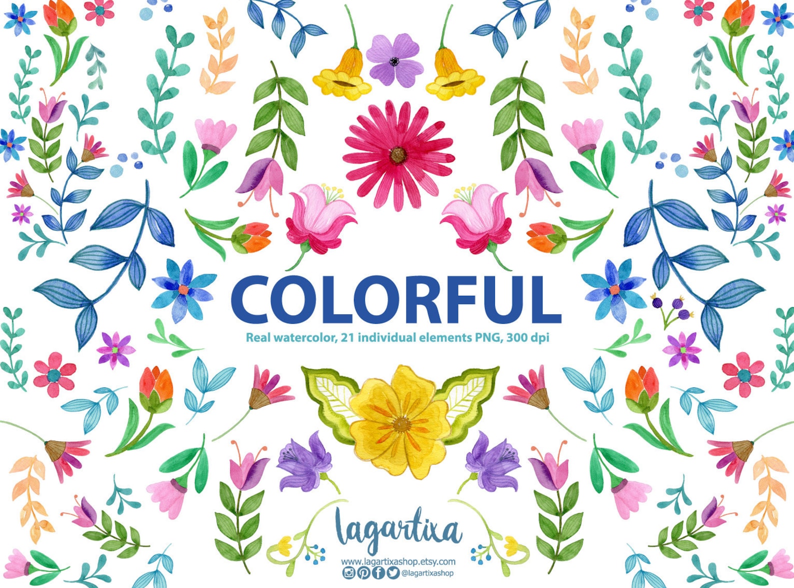 Colorful Watercolor Flowers Clipart PNG Mexico Art Individual - Etsy