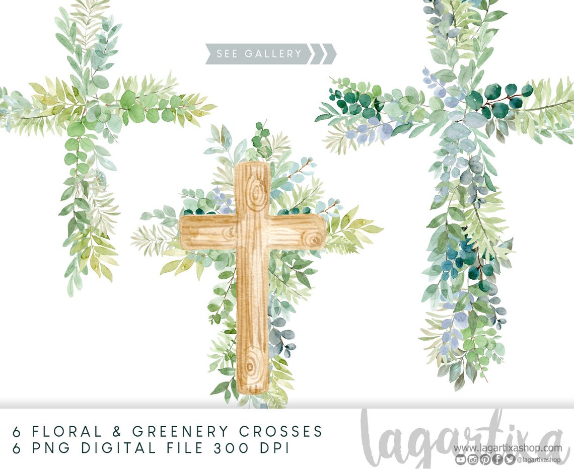 Greenery Crosses, Green Leaves Watercolor Clipart, Wood Cross, Leaf ...