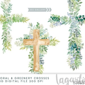 Greenery Crosses, Green Leaves Watercolor Clipart, Wood Cross, Leaf ...