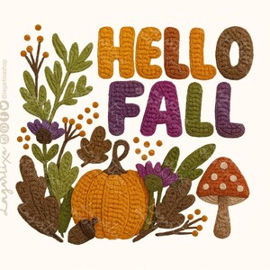 Autumnal Yarn Crochet Texture Drawing With Pumpkin, Mushroom, and Acorn ...