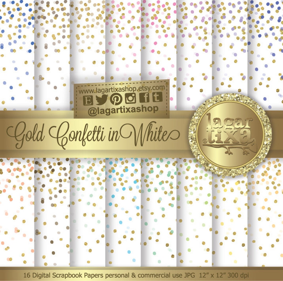 Golden Confetti in White Gold Digital Paper Coral Pink, Mint, Lime Red ...