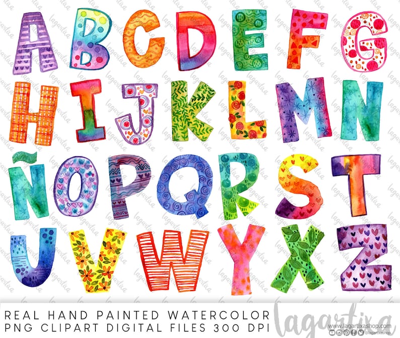 Alphabet Hand Painted Watercolor Colorful Tropical Spring - Etsy