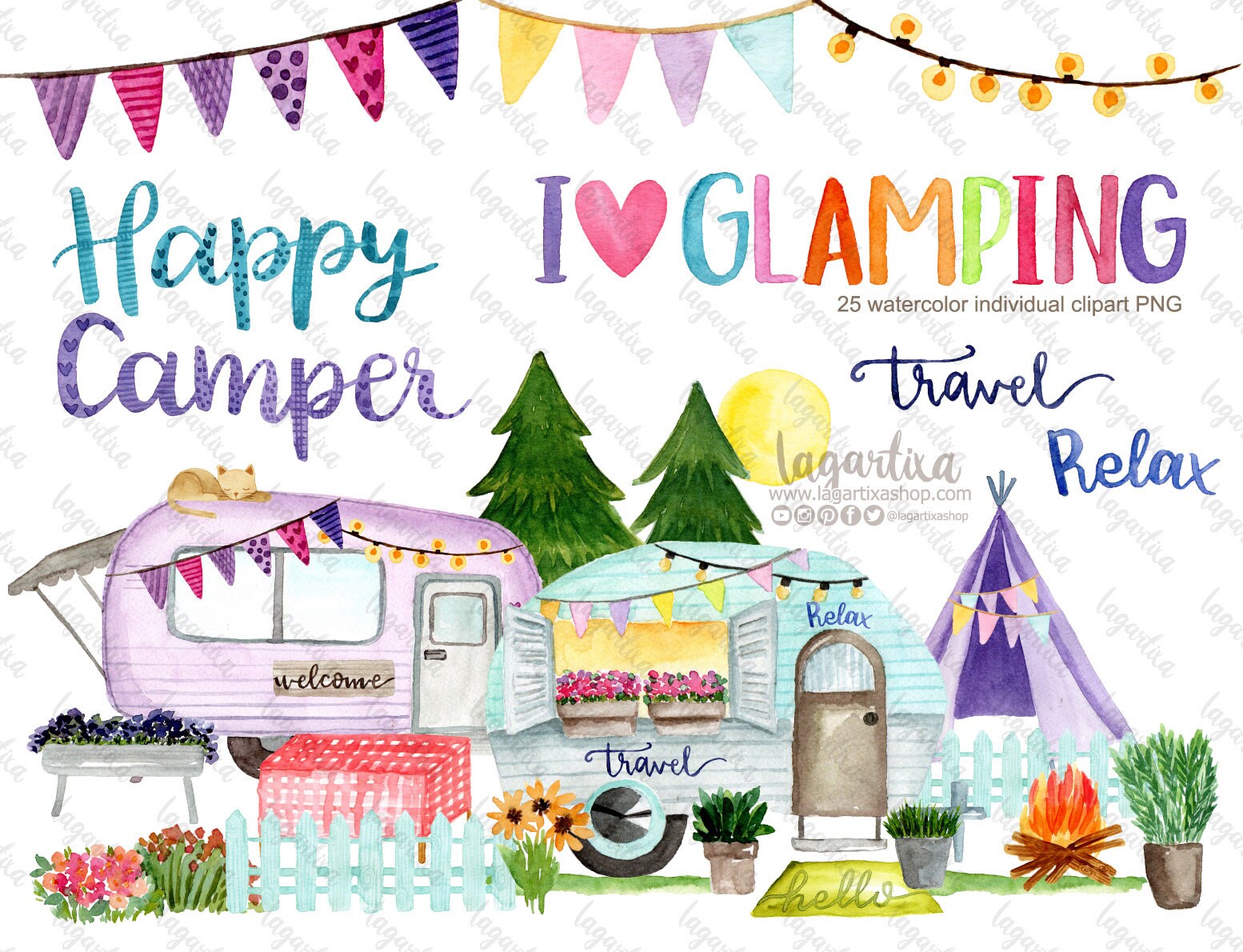 Glamping Camping Vintage Camper Watercolor Clipart PNG Caravan | Etsy