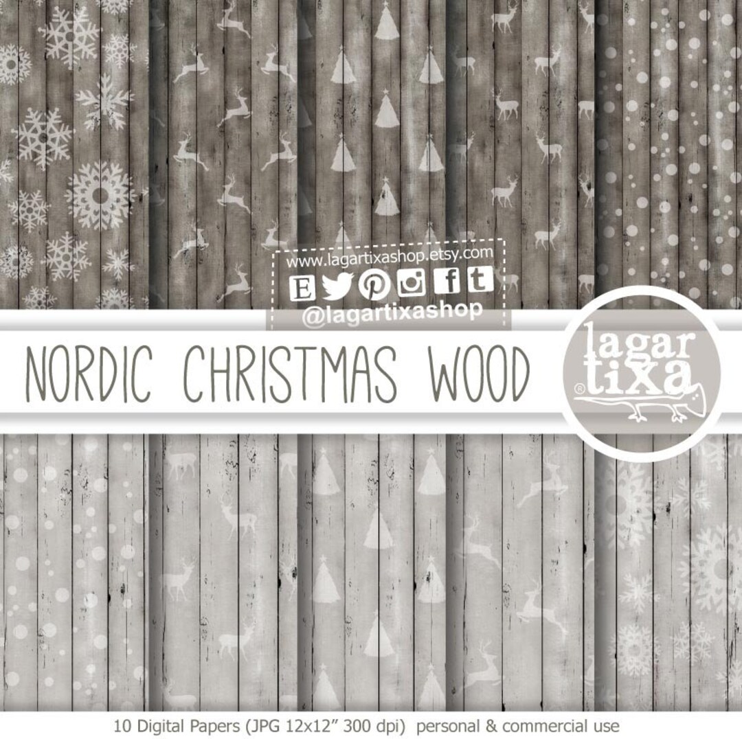 Nordic Scandinavian Christmas Wood Digital Paper White Gray Patterns ...
