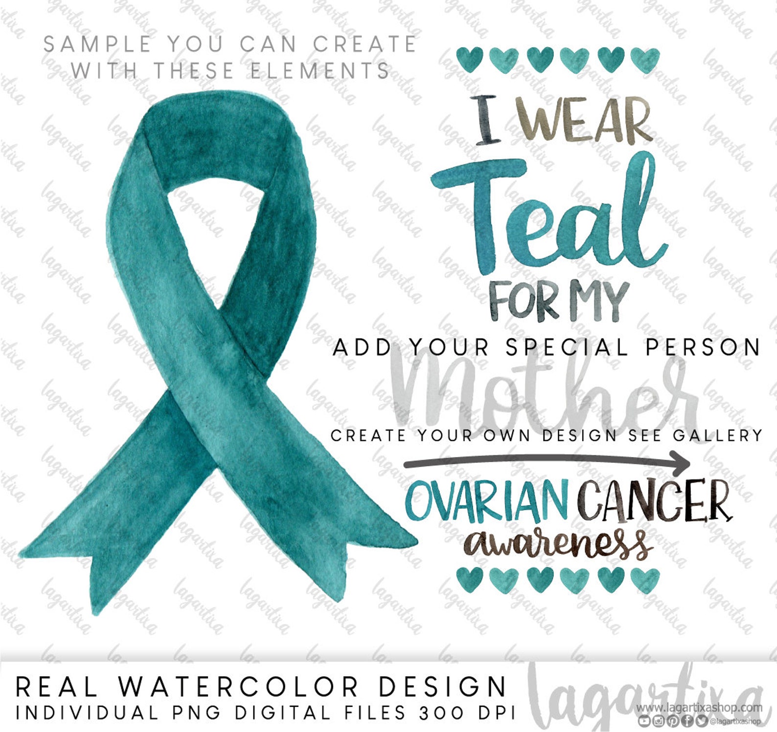 Cancer Bundle Awareness Ribbons Modern Lettering Hearts Create Your Own ...