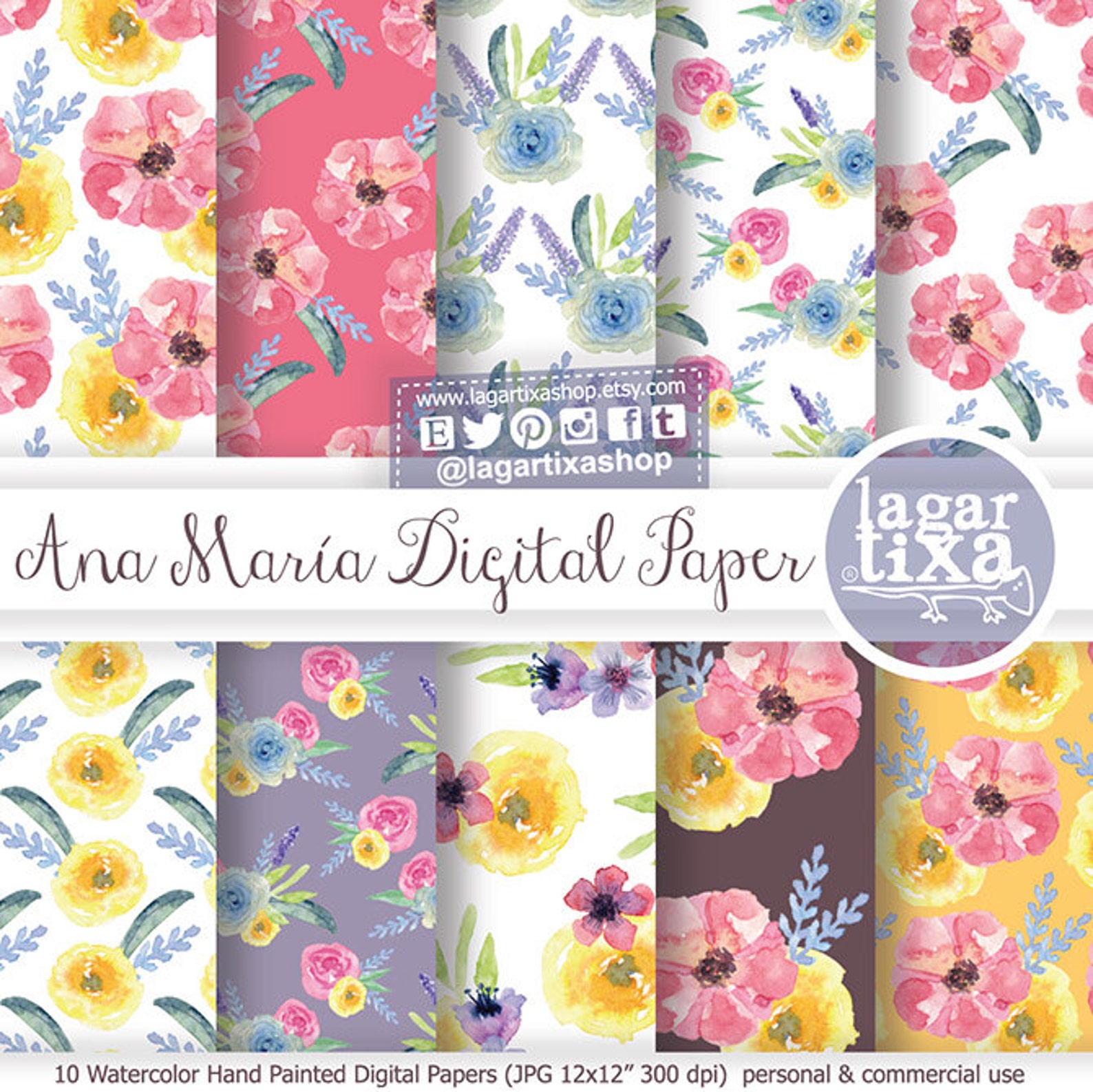 Watercolor Digital Paper, Florals, Wedding Flowers, Patterns, Bouquet ...