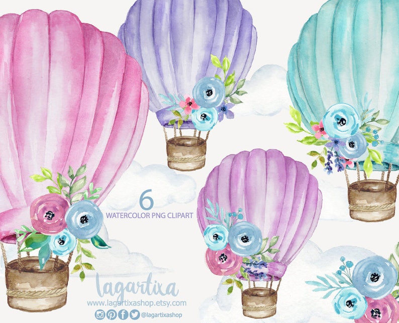 Watercolor Hot Air Balloons With Flowers, Floral, Purple, Pink ...