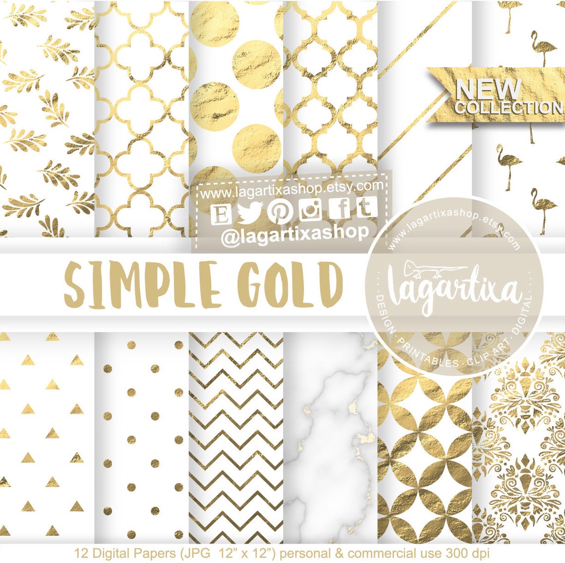 Tropical Gold foil & White Digital paper Patterns bakgrounds | Etsy